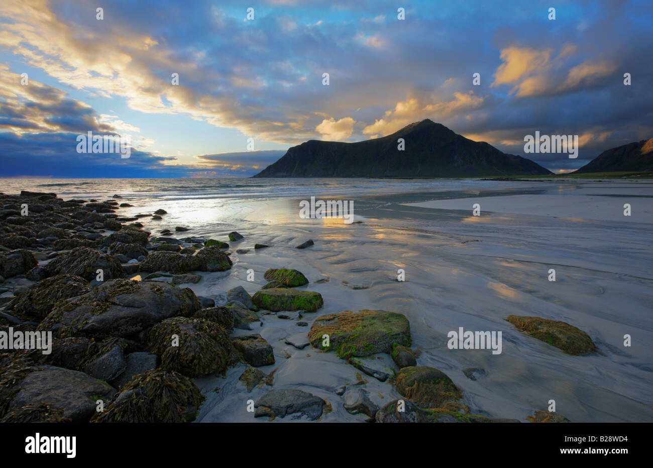 Taken near midnight on the wet beach at Flakstad Lofoten Islands in ...