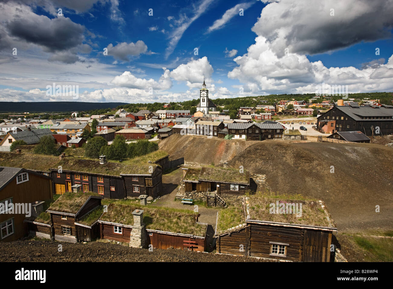 Wide angle view of Roros in Norway in summer sun taken from the top of ...