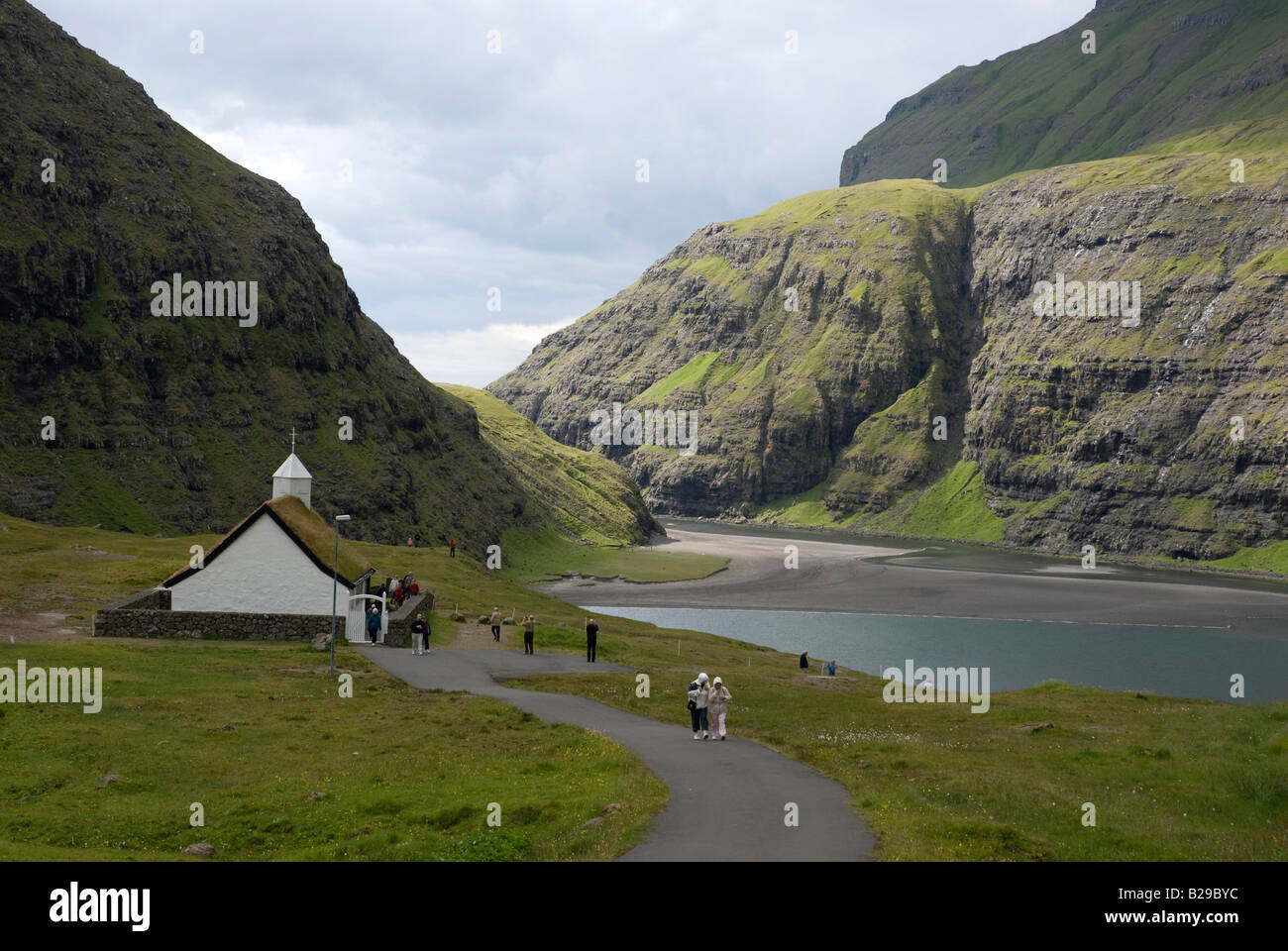 Saksun village church and bay Faroe Islands Denmark Stock Photo - Alamy