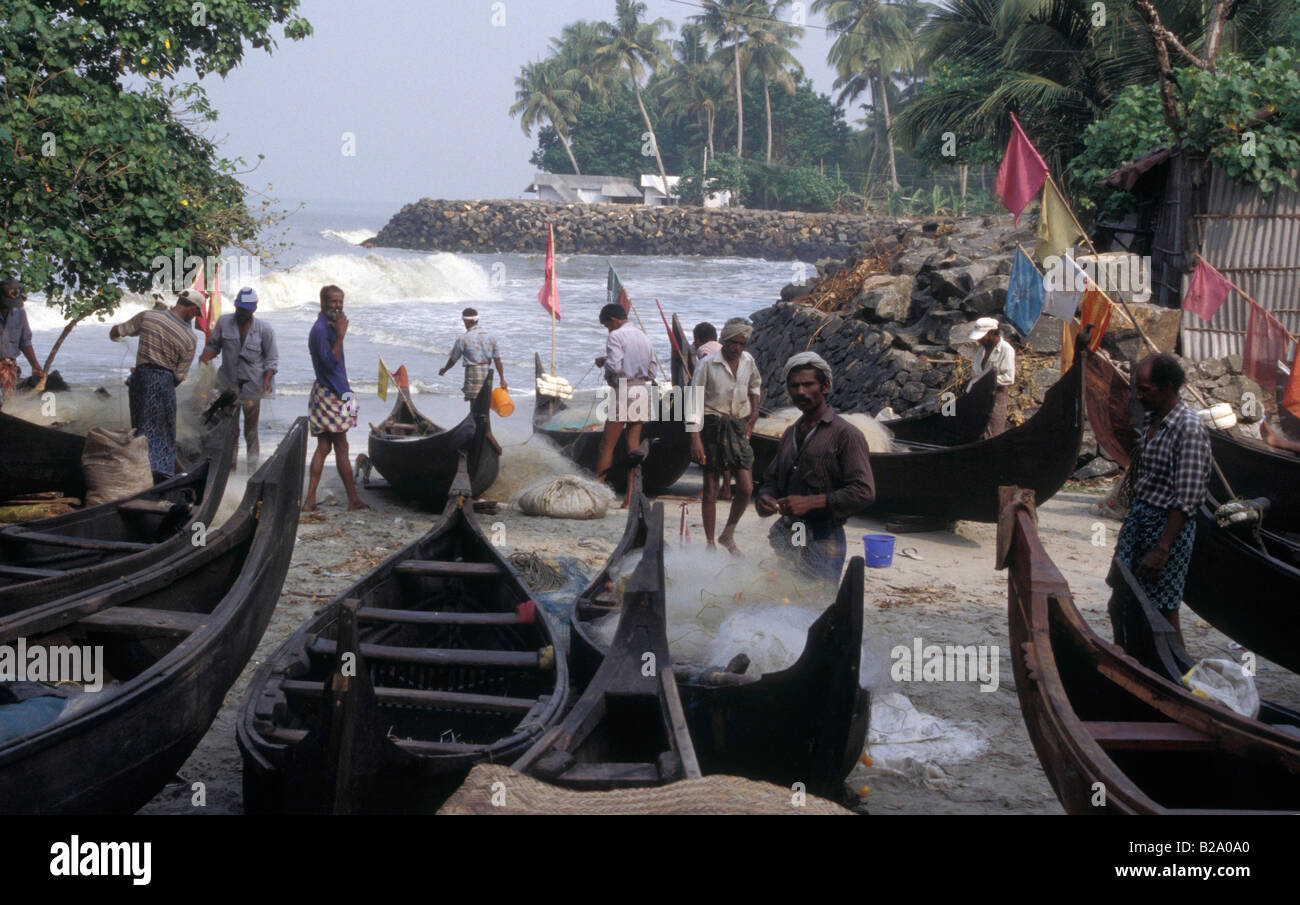 South India Kerala Kochin Fishing Village Fishermen Boats and Nets ...