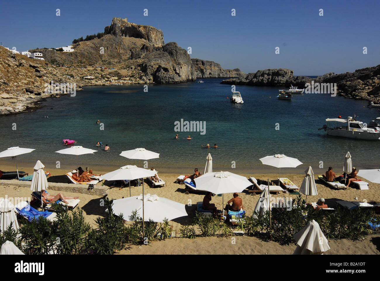 Lindos Rhodes Greece town and main beach Stock Photo - Alamy