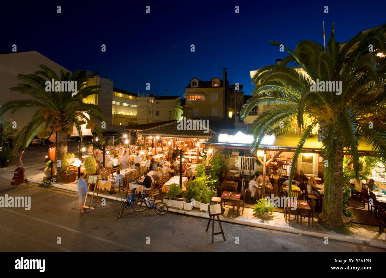Greece kefalonia Argostoli capital twilight just off the main square ...