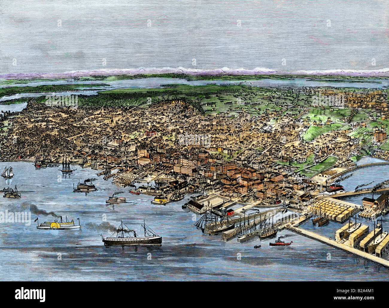 Birds-eye view of Seattle, Washington circa 1890. Hand-colored woodcut ...