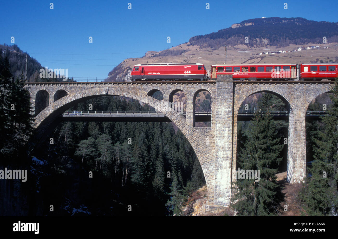Raethische Bahn train on the Solis bridge Grisons Switzerland Stock ...