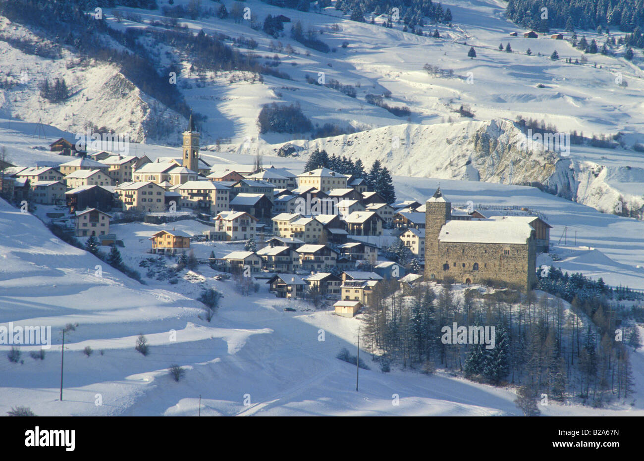 View of Riom with castle ruin Raetia Ampla from the 12th century near ...