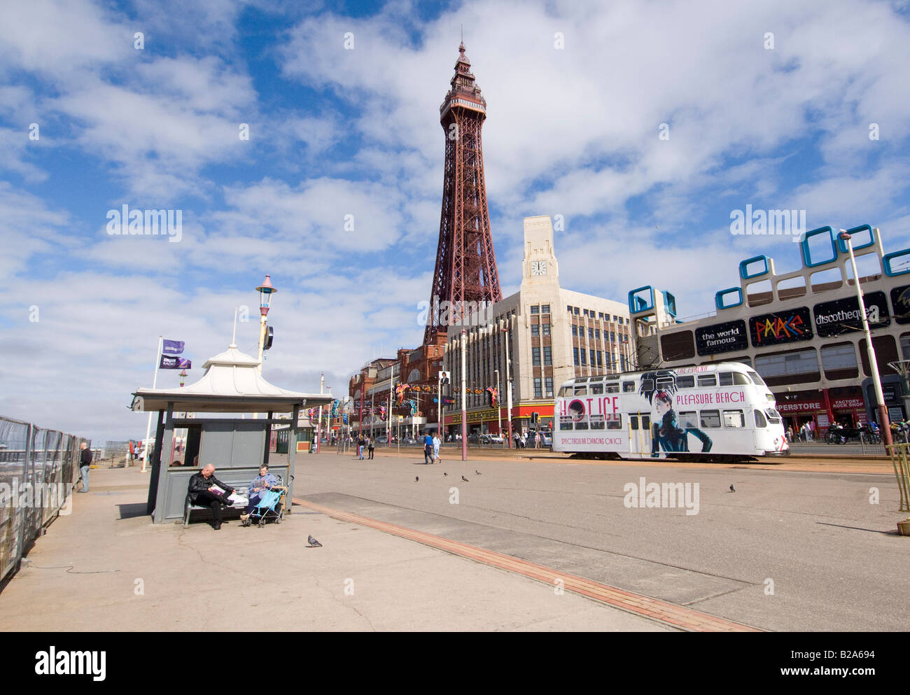 Blackpool Tower, Trams and Shops from the Promenade. Blackpool ...
