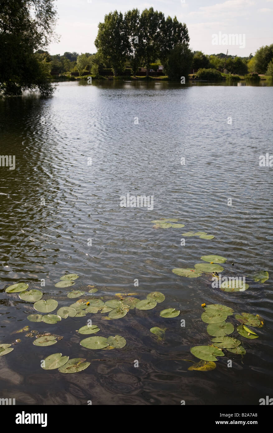 A lakeside view of Farlows Lake a flooded gravel pit in Iver Bucks UK ...
