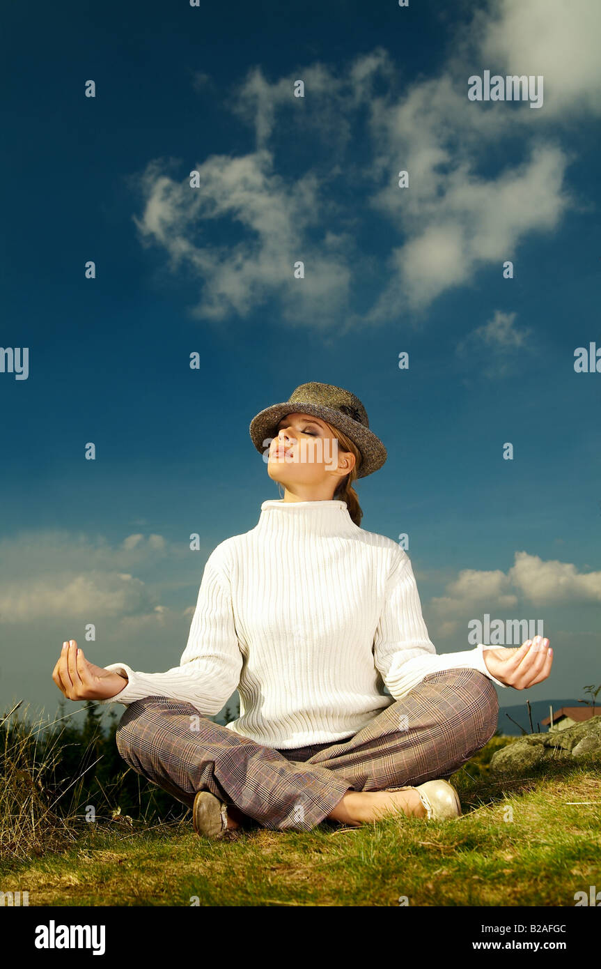 Young beautiful model posing in mountain outdoor scenery Stock Photo ...