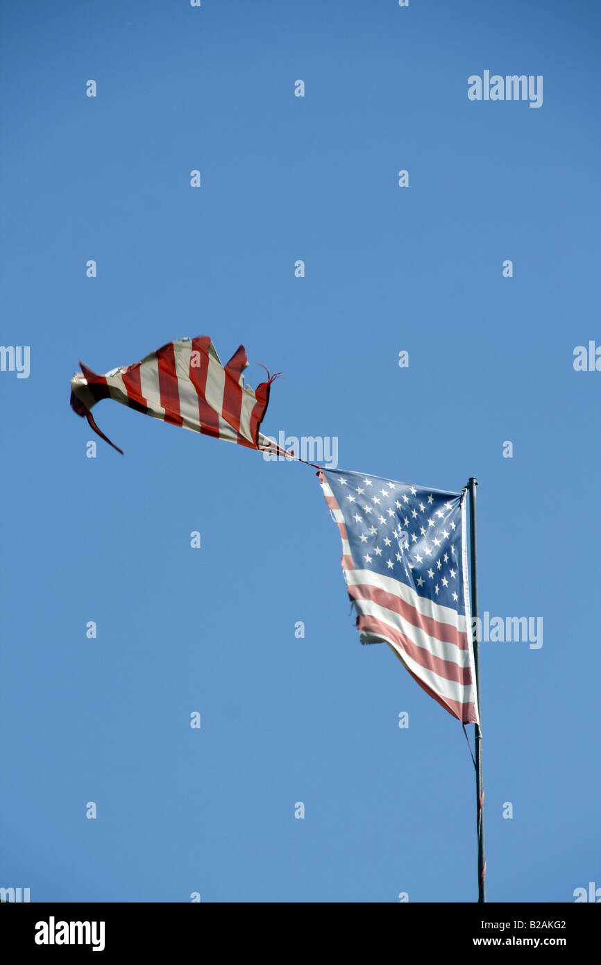 one damaged american flag flying in blue sky Stock Photo - Alamy