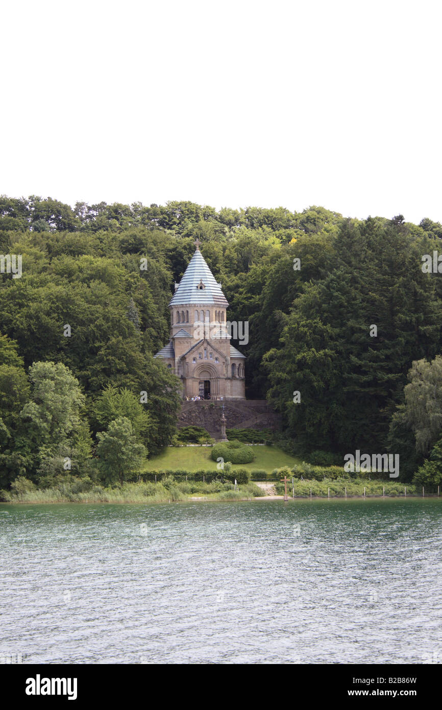 Memorial cross and church for Bavarian King Ludwig II at the place of ...