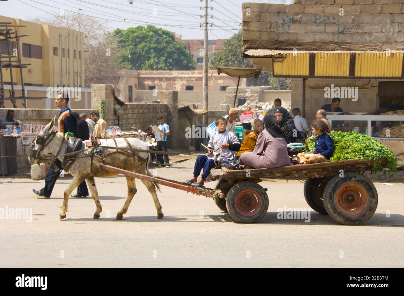 A donkey and wagon hauling fresh produce in the markets of the village ...