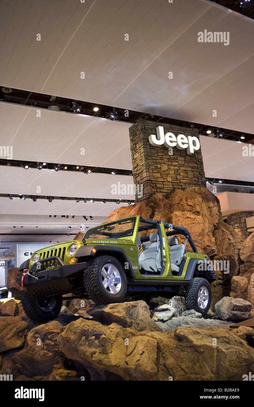 Jeep Wrangler on rock facade at 2008 Detroit auto show Stock Photo - Alamy