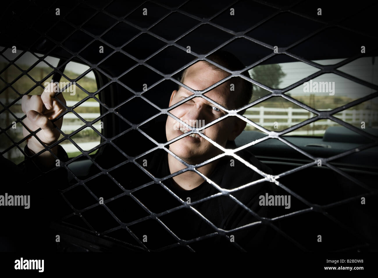 Angry perpetrator in back of Police car Stock Photo - Alamy