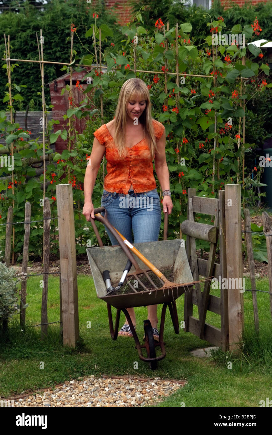 Woman Pushing Wheelbarrow In Country Garden Southern England Uk Stock