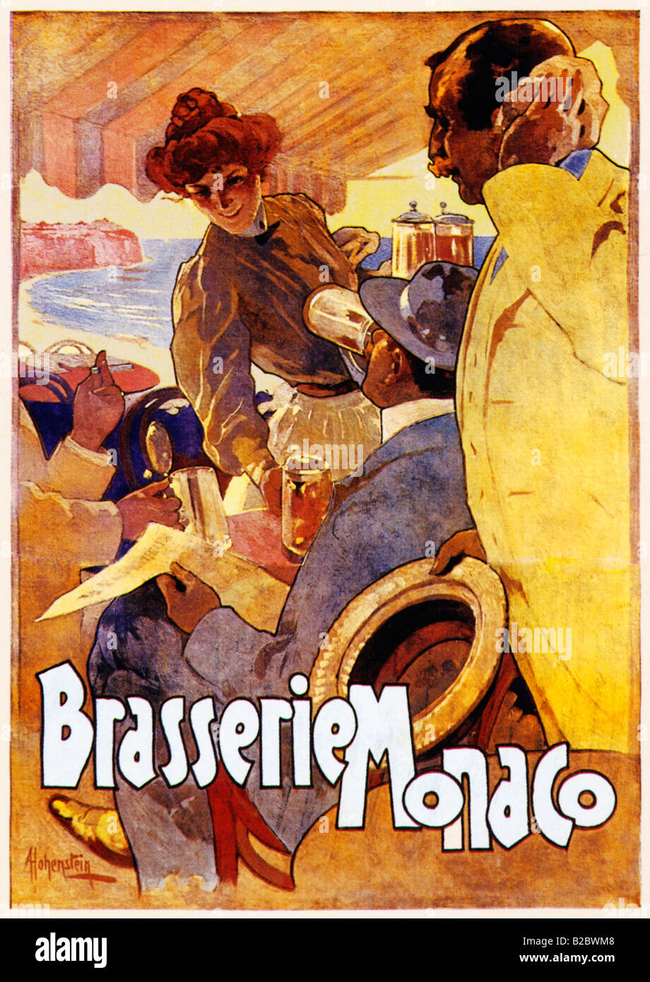 Brasserie Monaco 1900 Hohenstein Art Nouveau poster from 1900 for a bar ...