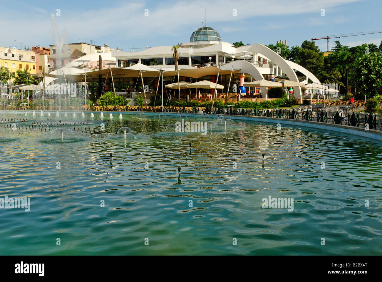 Fountain, cafe and restaurant, Tirana, Albania, the Balkans, Europe ...