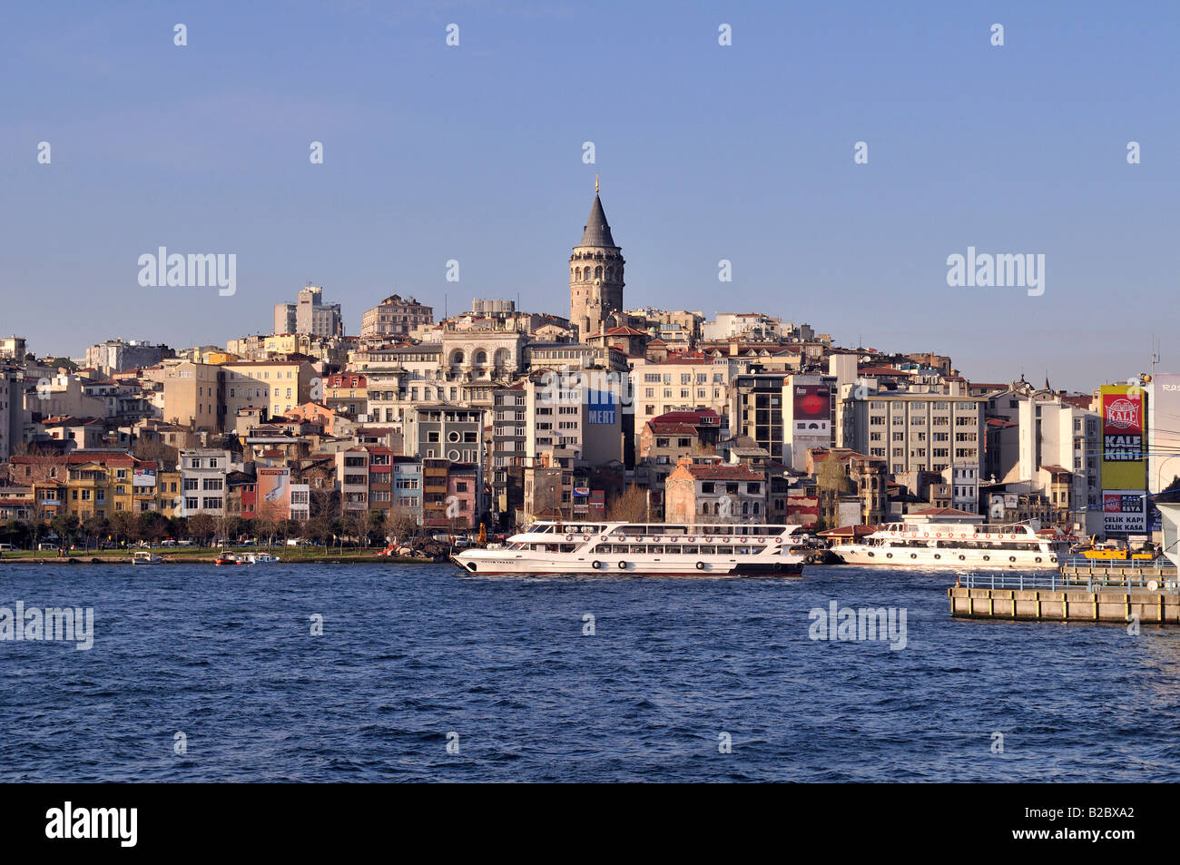 View across Golden Horn harbour towards Galata Tower, Istanbul, Turkey ...