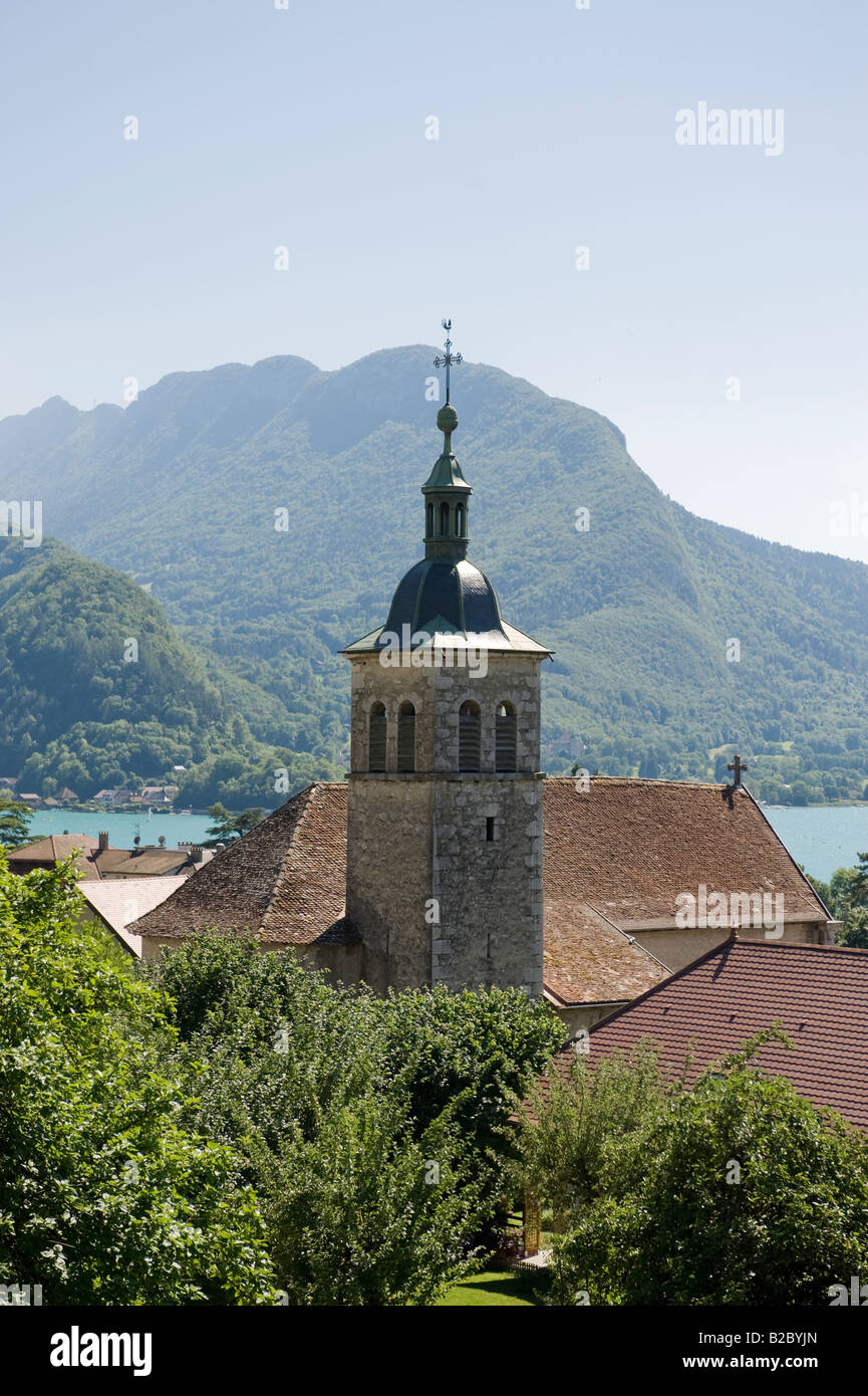 village church spire angon lake annecy haute savoie alpine france Stock ...