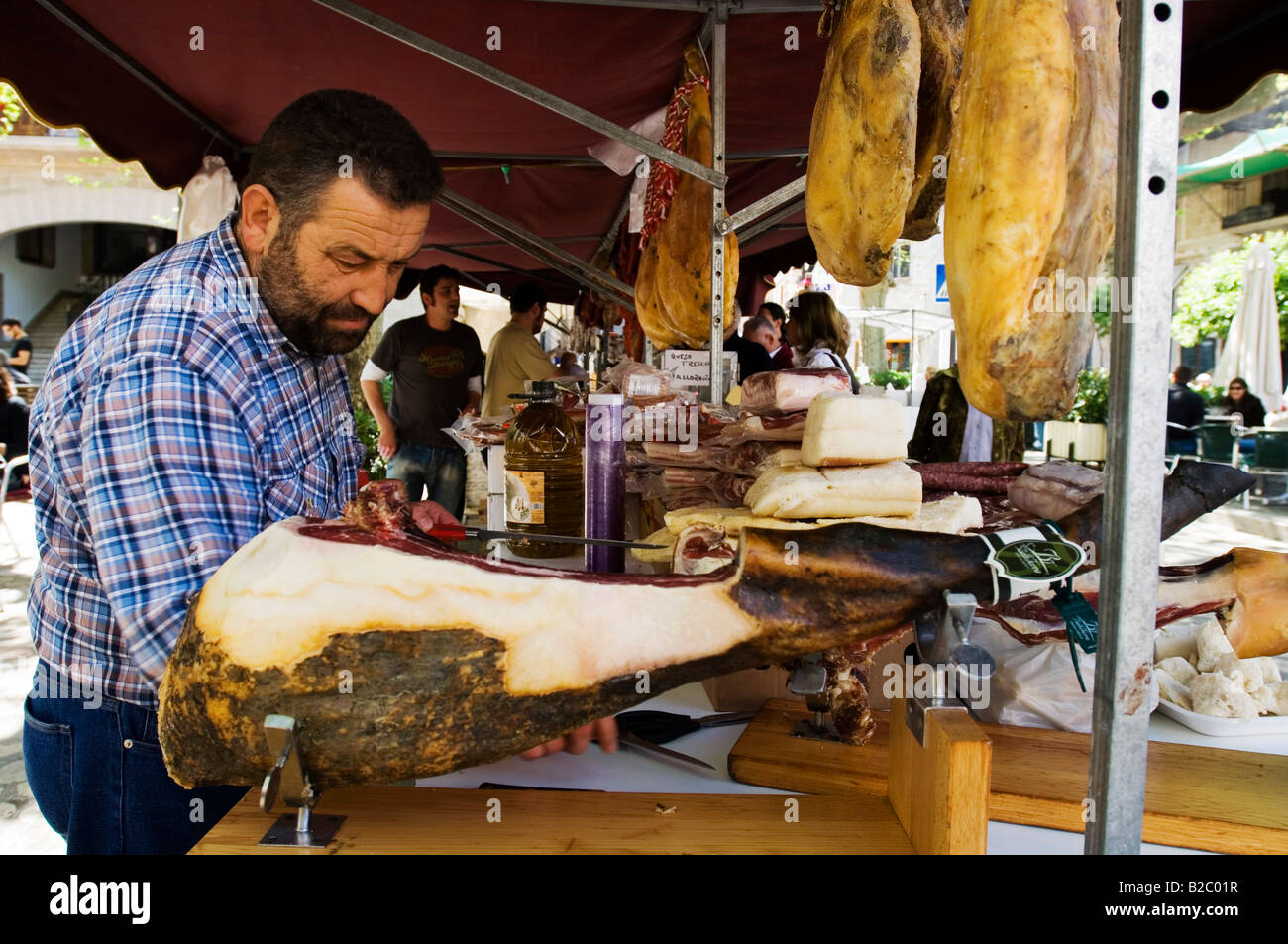 Ham market stall in Soller, Majorca, Balearic Islands, Spain, Europe ...