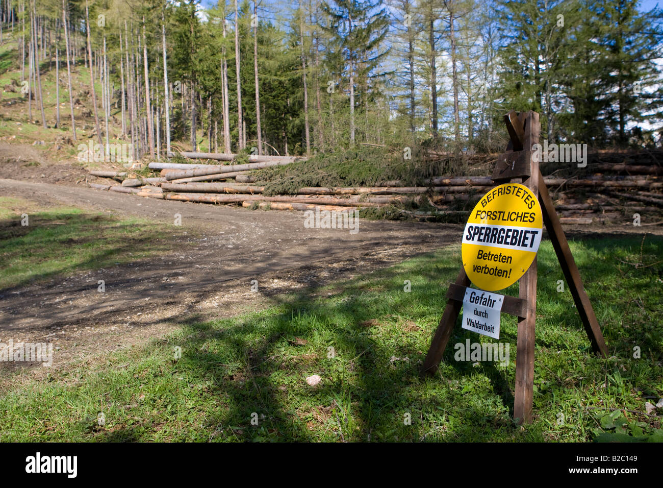 Warning sign indicating Prohibited Zone after a heavy storm in a forest ...