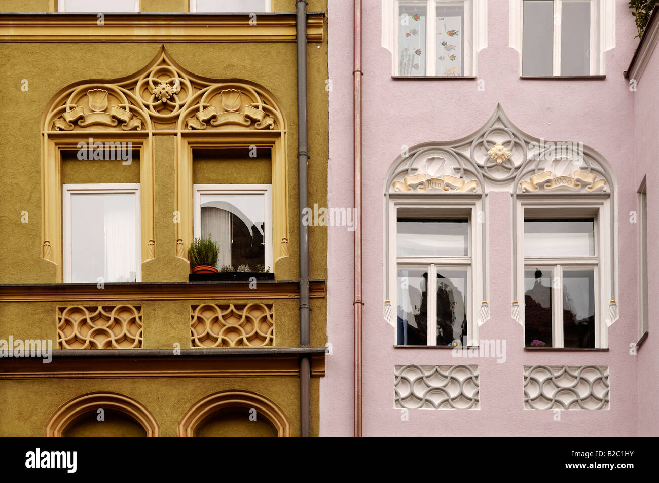 Detail, two renovated decorative house facades, 1900, Nuremberg, Middle ...