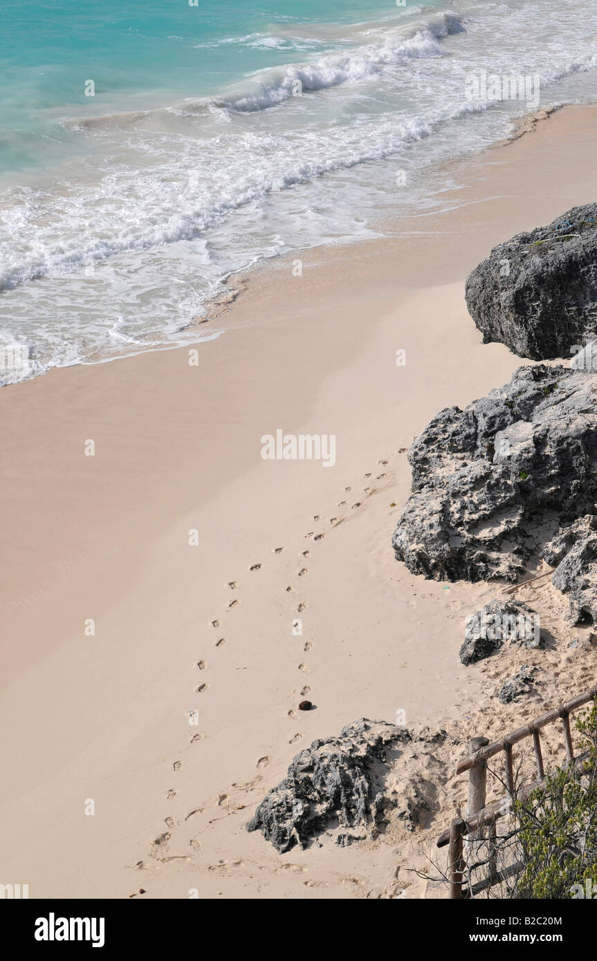 Bay at the foot of the Castle, El Castillo, footprints in the sand ...