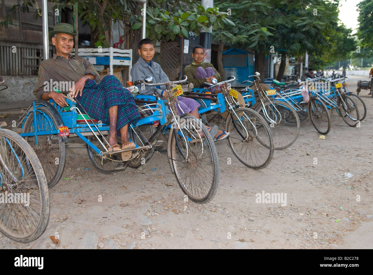 Rickshaw drivers waiting for customers, Monywa, Myanmar, Southeast Asia ...