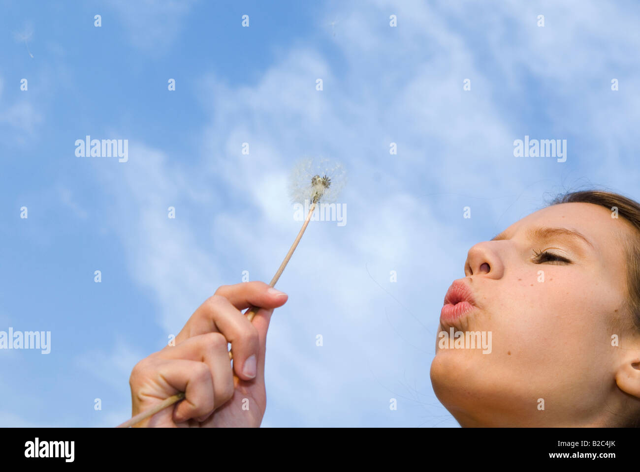 young woman blowing on dandelion Stock Photo - Alamy