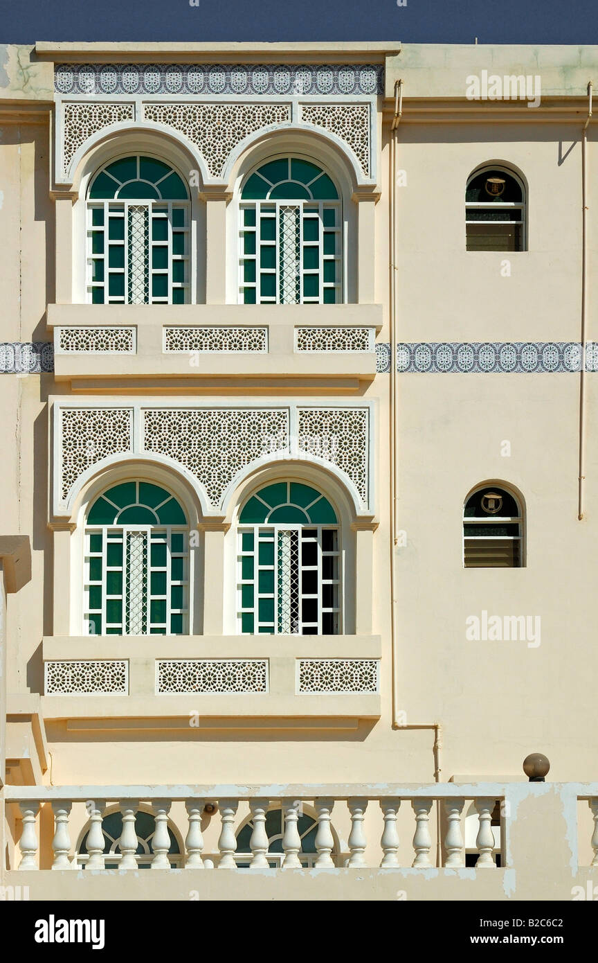 Characteristical arabic facade on a modern tenement building, Sur, Oman ...