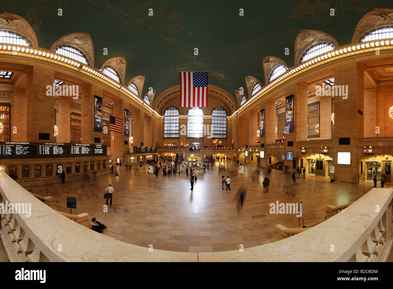 Fish-eye view of Grand Central Terminal hall, with motion-blurred ...