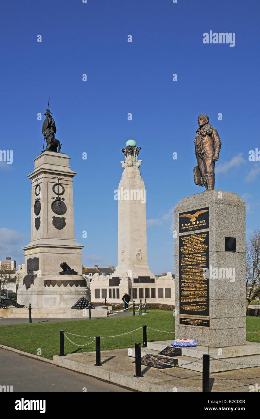 Three memorials on Plymouth Hoe England On the right the Royal Air ...