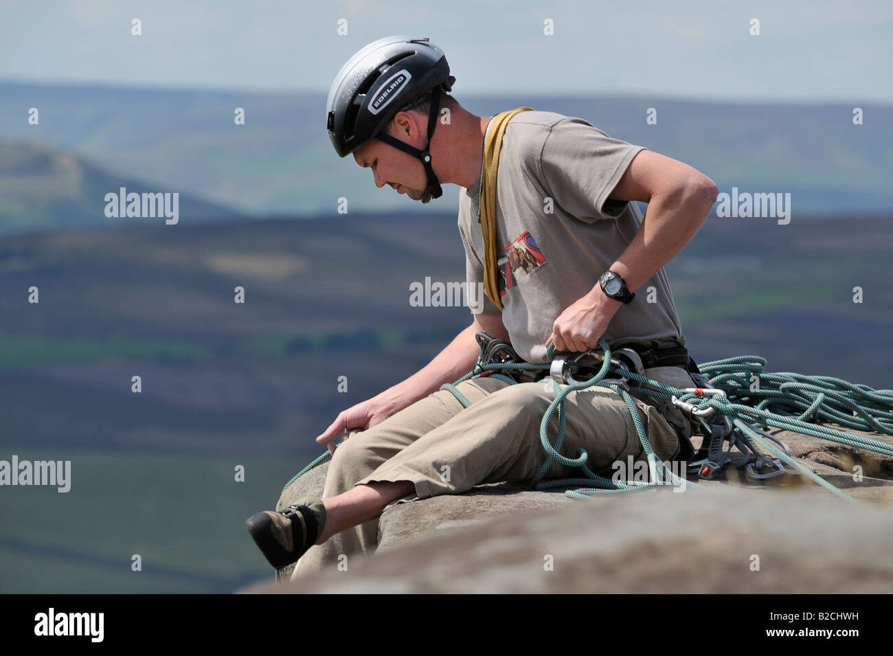 Rock climber on Stanage Edge in the Peak District Stock Photo - Alamy