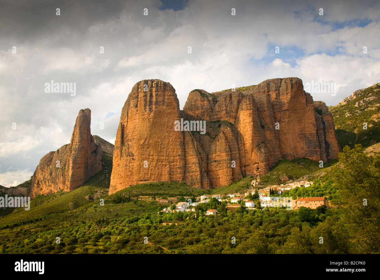 Hillside village of Riglos in Aragon near Pyrenees in Spain Stock Photo ...