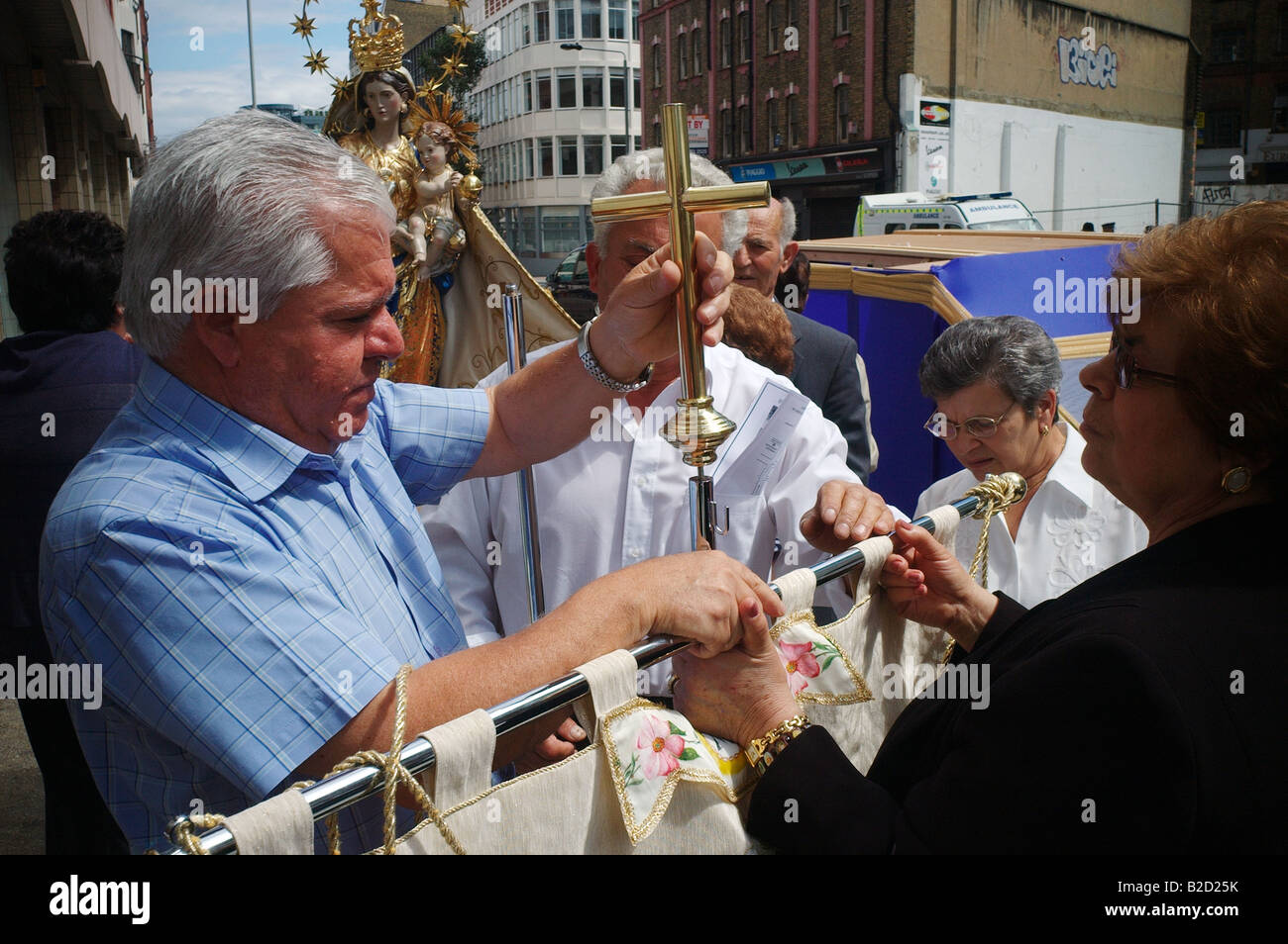 A banner being prepared for the procession in Honor of Our Lady of ...