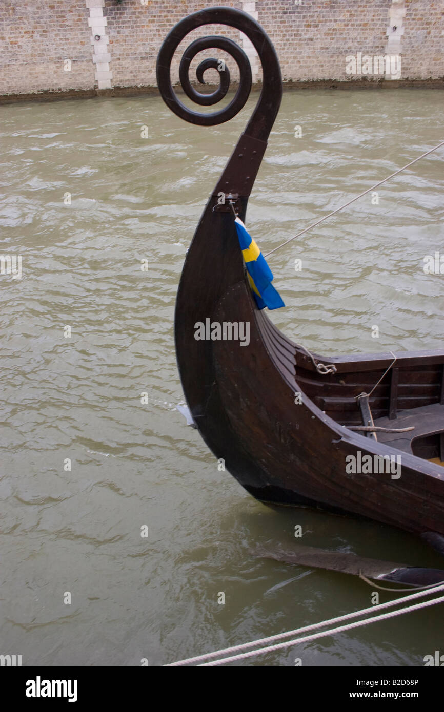 Coil on bow of Scandinavian long ship. on river Seine, Paris.Vertical ...