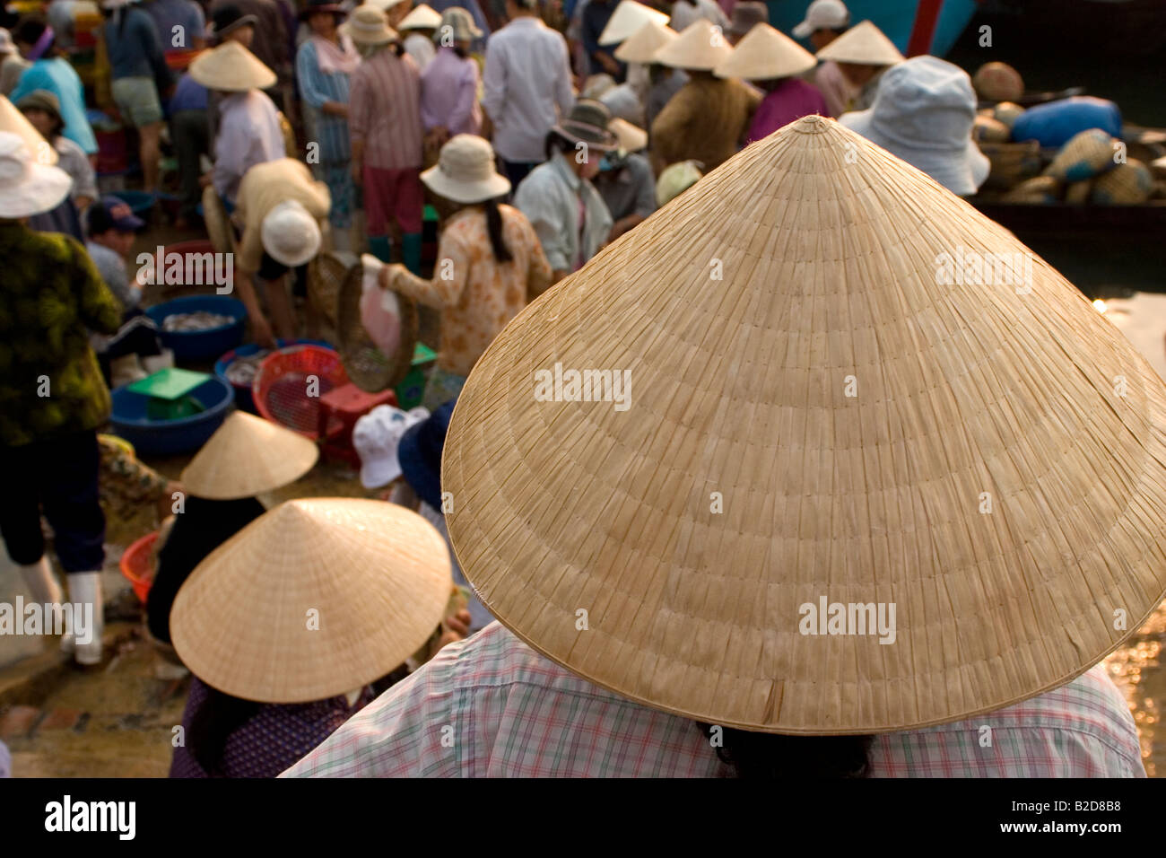 A women dressed in a conical straw hat looks on while fish is landed on ...