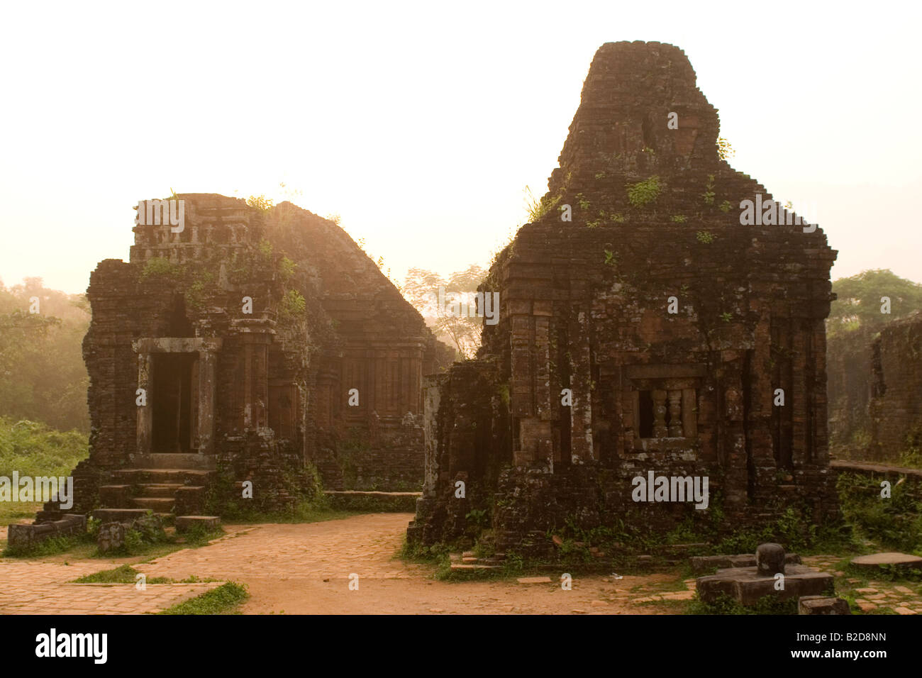 Sunrise over the ruins of a temple in the ancient Champa kingdom ...