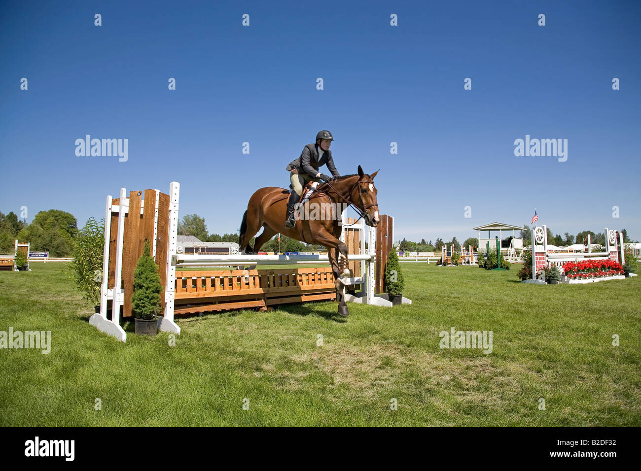 A rider takes a jump in the hunter jumper ring during an equestrian ...