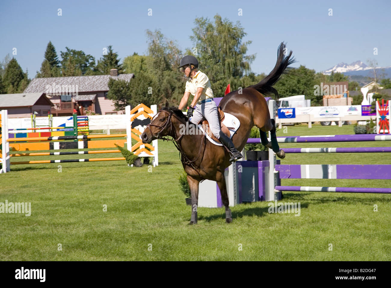 A rider takes a jump in the hunter jumper ring during an equestrian ...