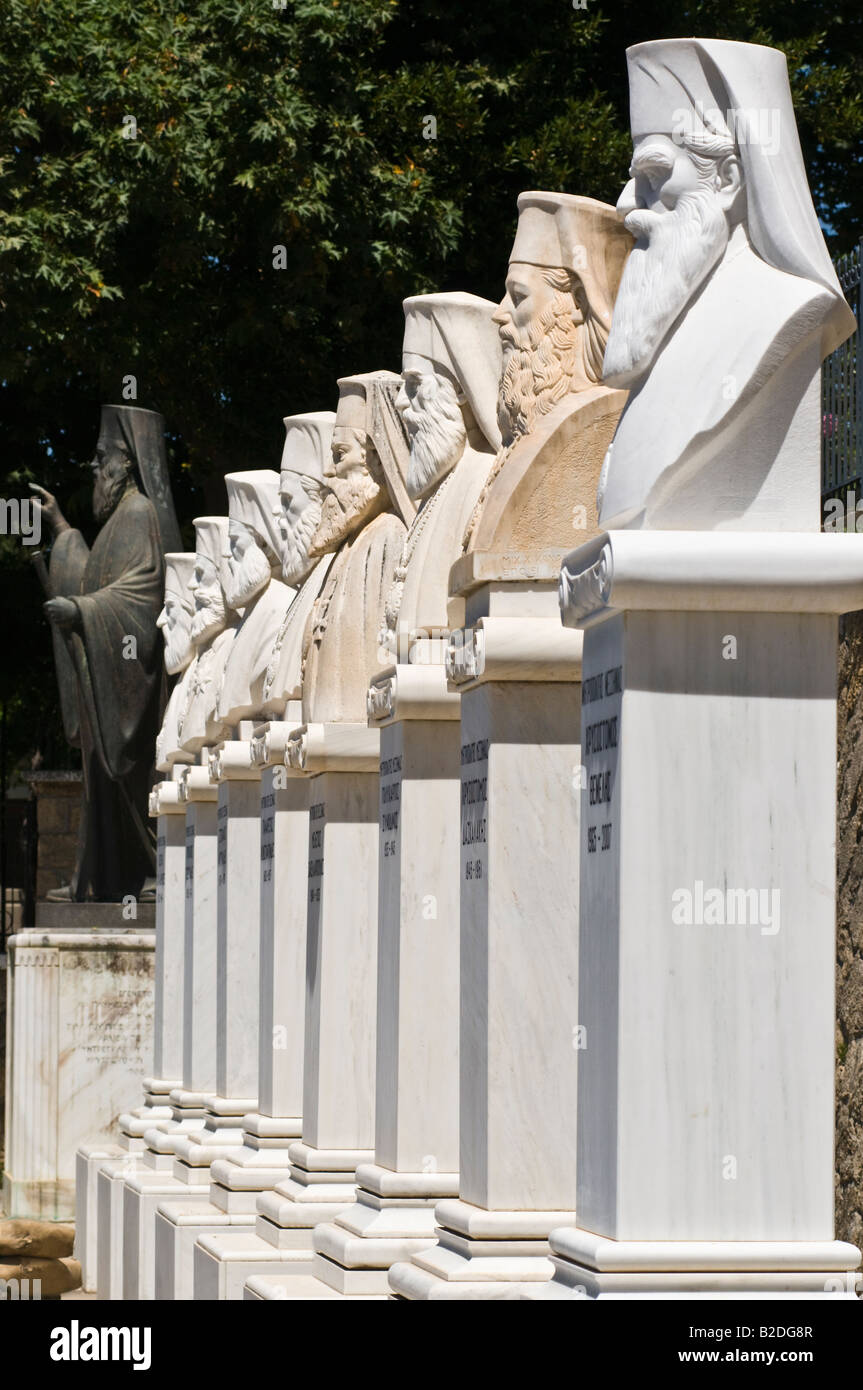 Carved busts of former Patriarchs Bishops of Kalamata outside the main ...