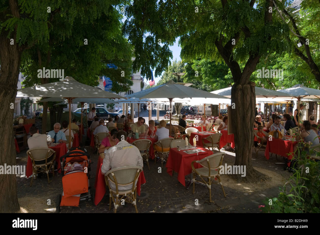 Locals eating lunch under the Acacia trees in the old quarter of Chinon ...