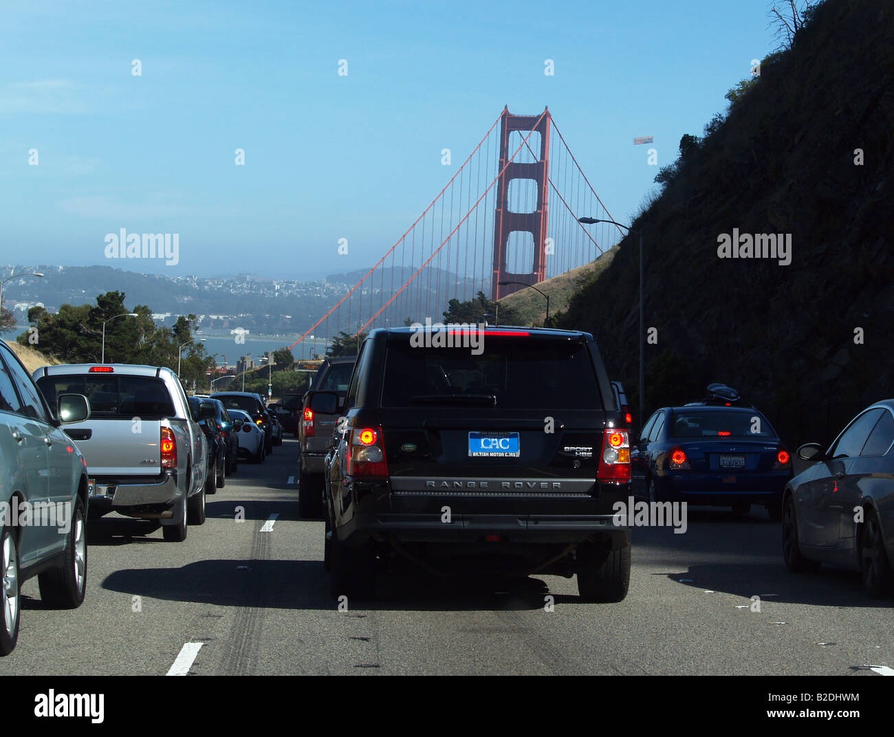 Traffic building on the approach to San Francisco's Golden Gate Bridge ...