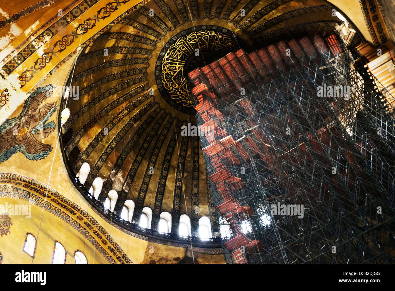 Looking up at the scaffolding in the aya Sofya, Istsnbul, Turkey Stock ...
