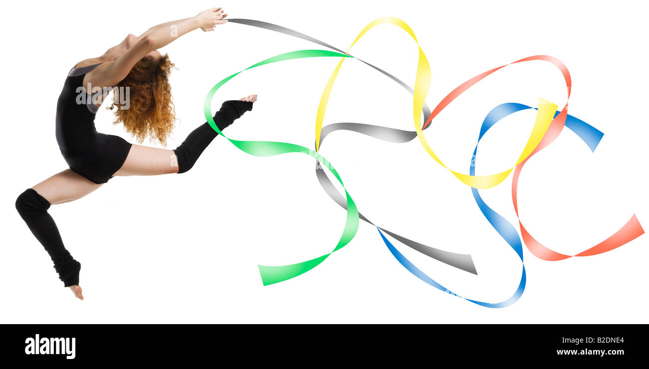 a modern dancer with black dress jumping with colored strings Olympic ...