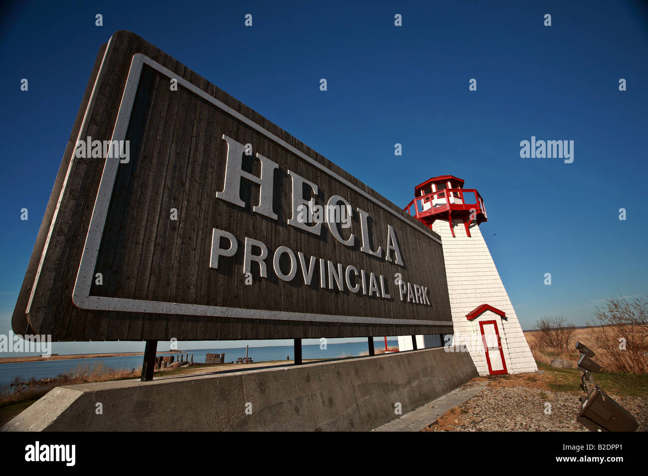 Model lighthouse and sign on Hecla Island in Manitoba Stock Photo - Alamy