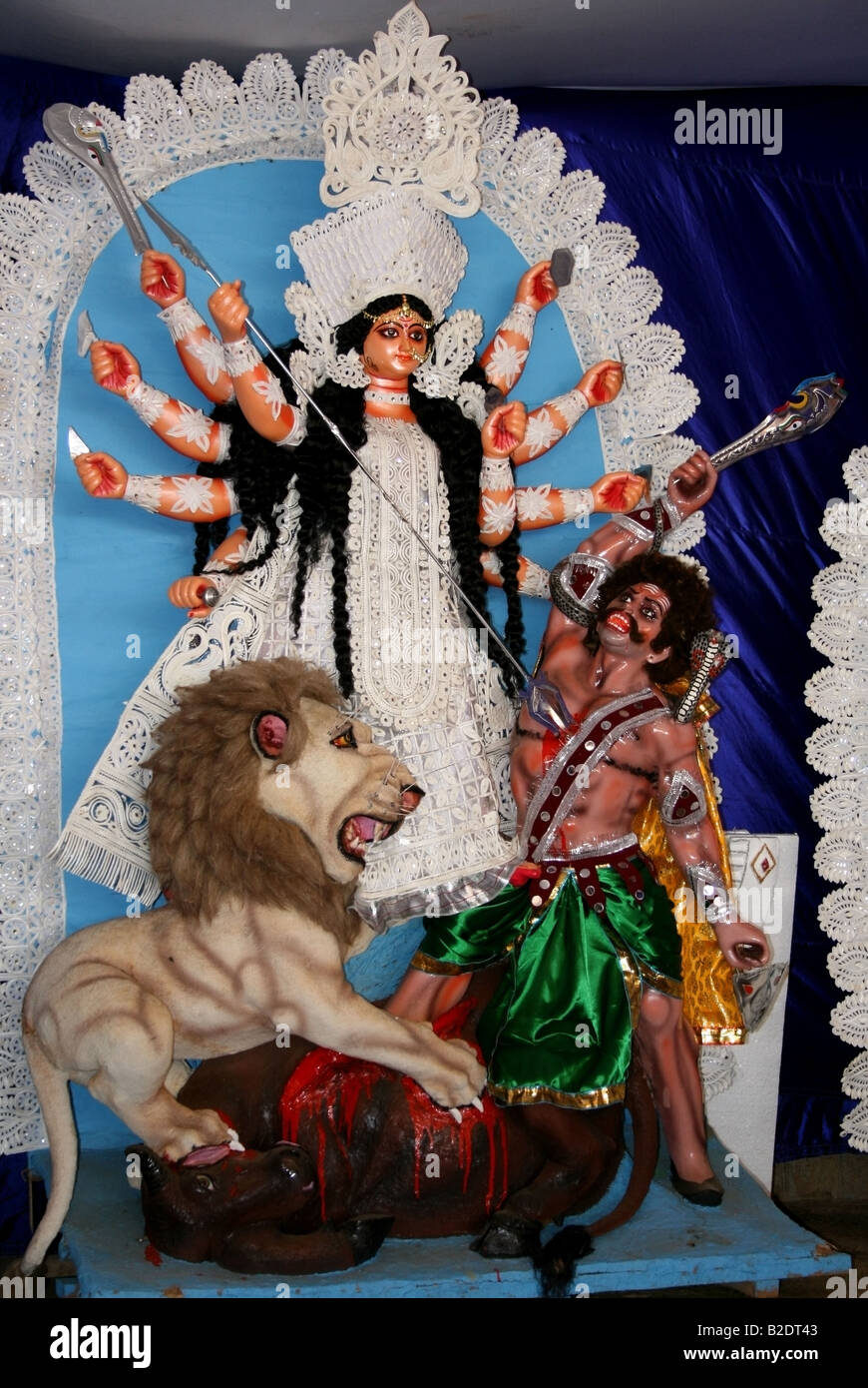 Statue of The Hindu goddess Durga in a 12 day shrine for Durga Dasara ...