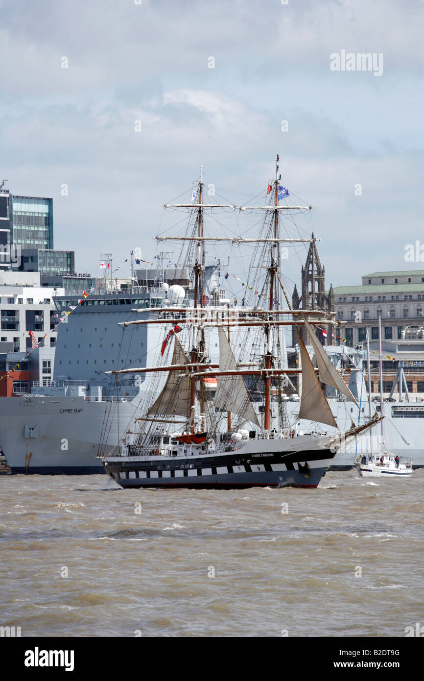 Stavros S Niarchos Brig Rigged Tall Ship passing RFA Lyme Bay River ...