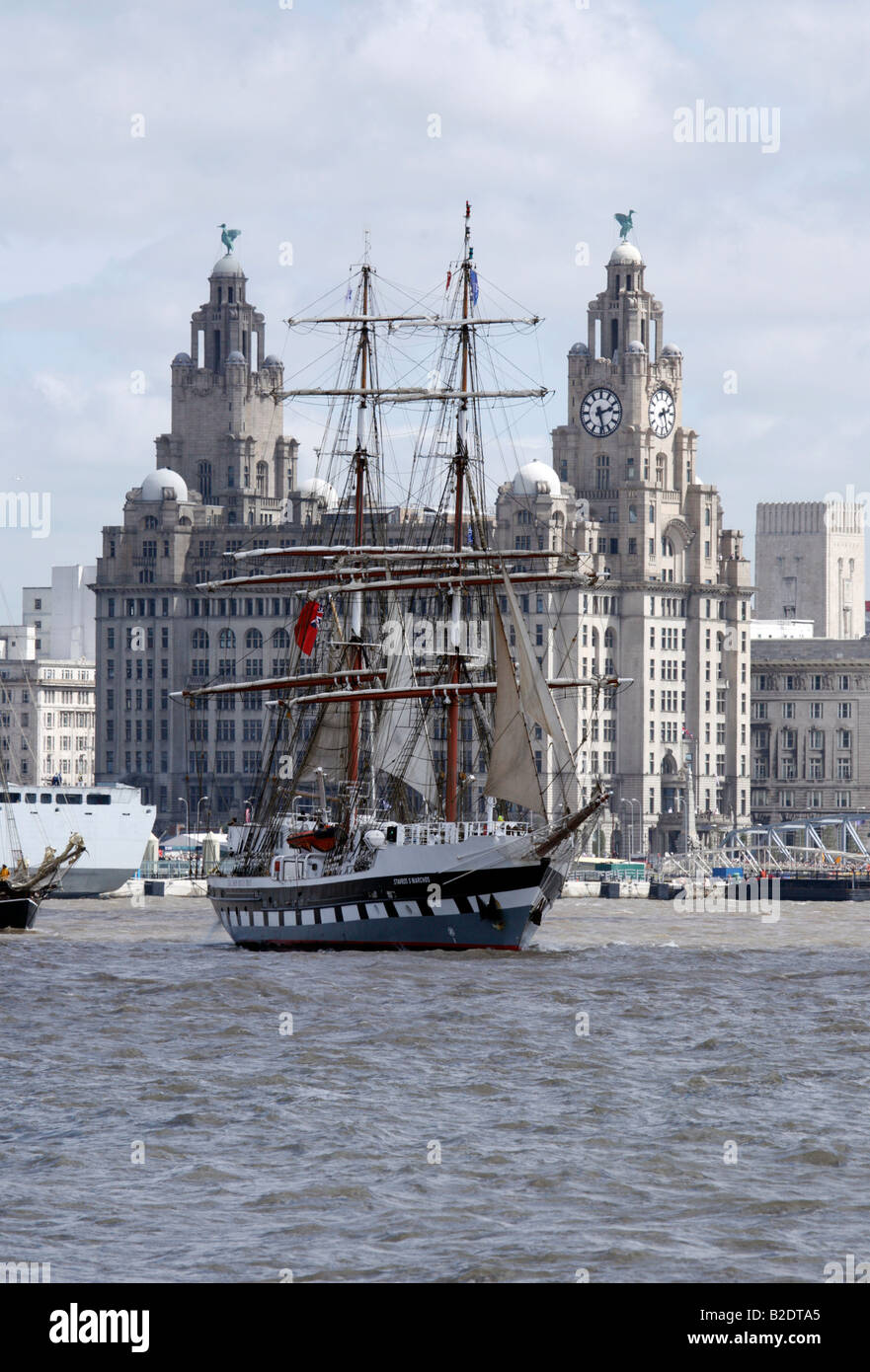 Stavros S Niarchos Brig Rigged tall ship passing Liver building River ...