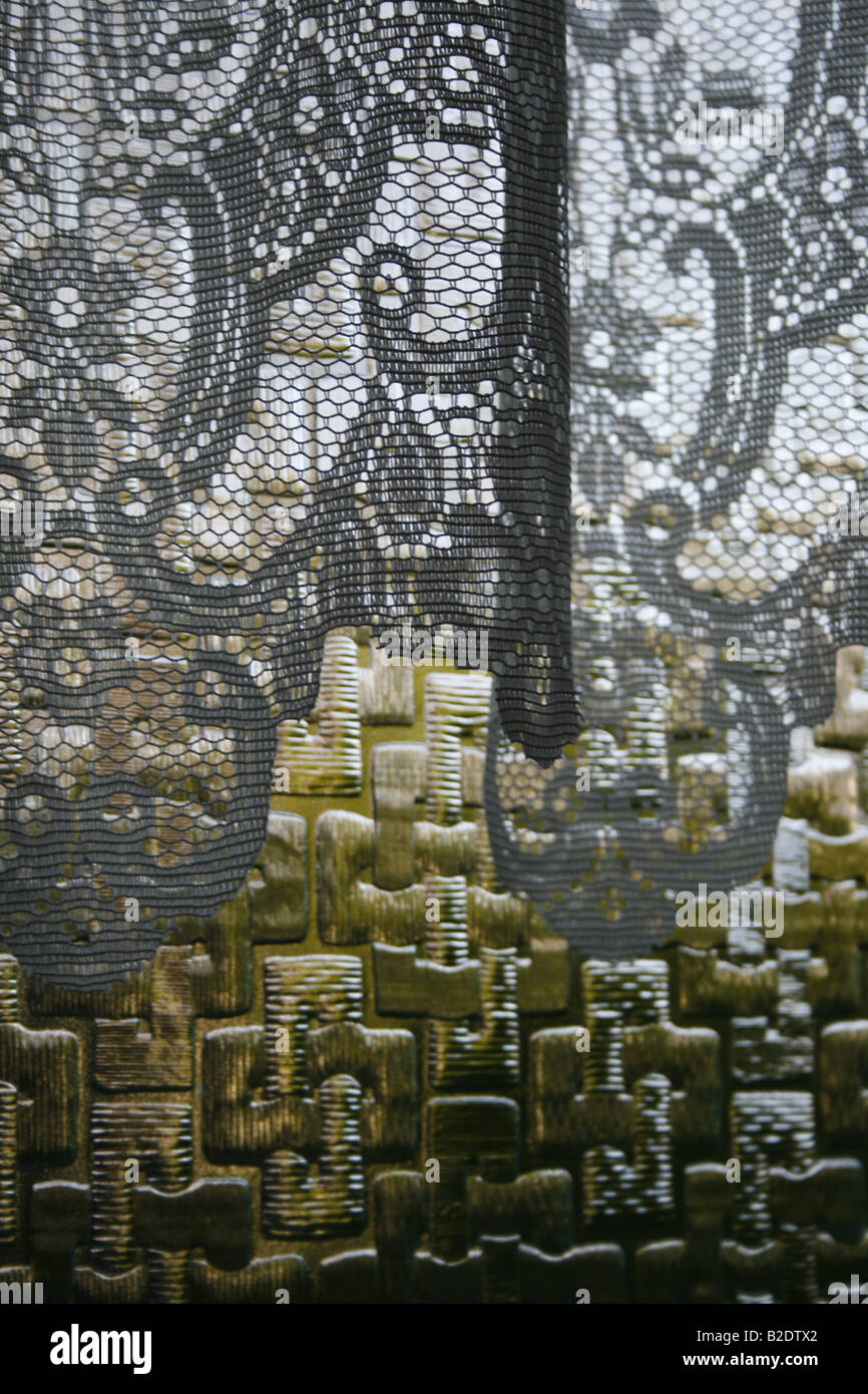 pattern glass window with lace net curtains Stock Photo - Alamy