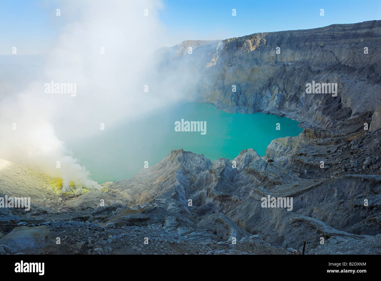 vulcano Kawah Ijen mountain view into the crater steam is venting from ...